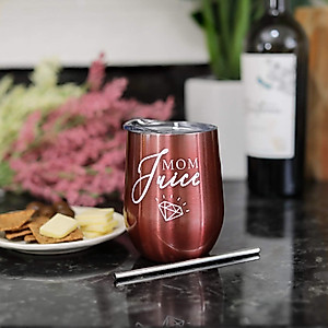 Mom Stainless Steel Wine Tumbler - 12oz with Steel Straw, BPA Free Lid, & Straw Cleaning Brush - Stemless Insulated Wine Tumbler with Lid - Gift for Mothers who Love Coffee, Tea - Mom Juice