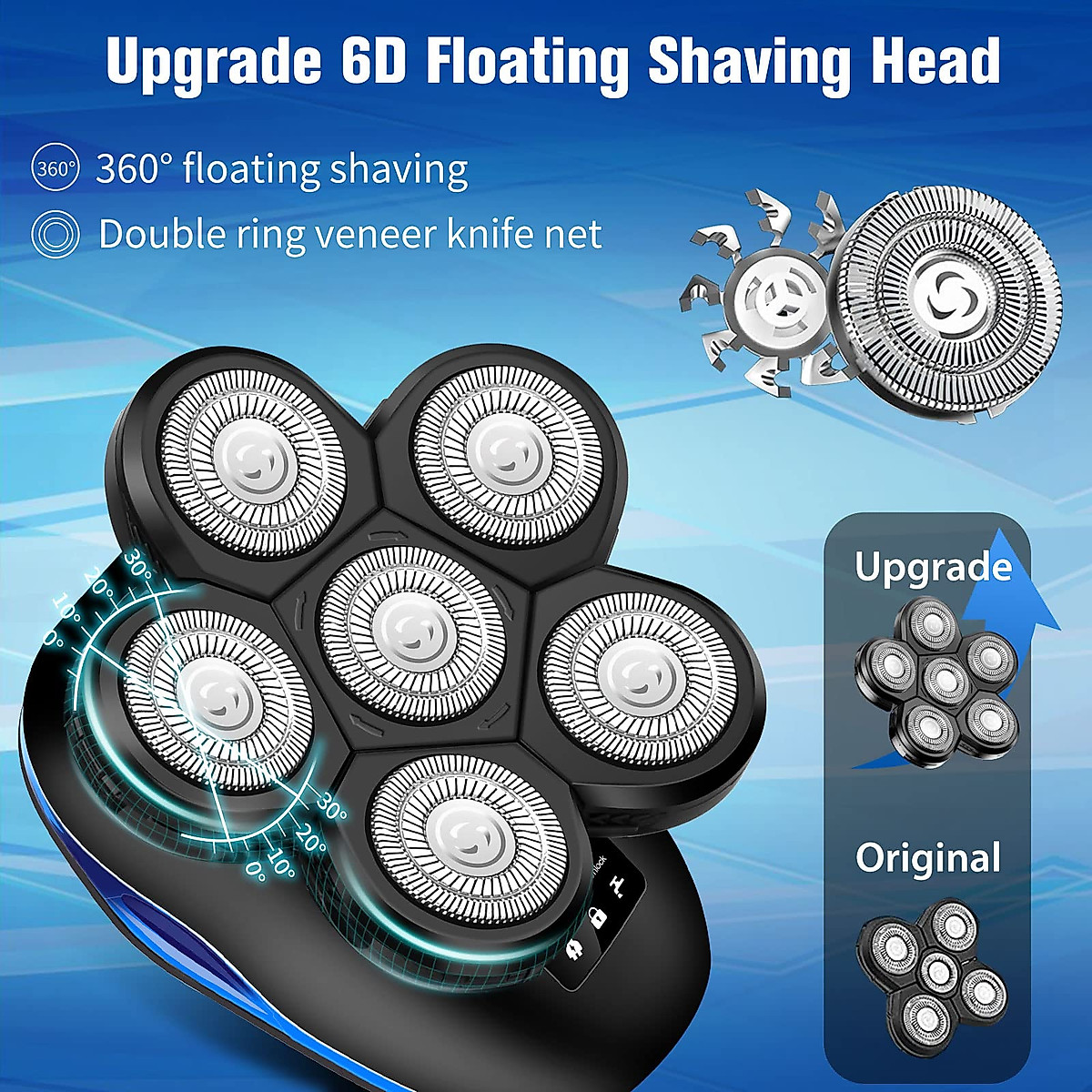 6 in 1 Electric Rotary Shaver for Bald Men - Cordless Wet/Dry IPX7 Waterproof with LED Display and Shaver Kit