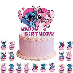 48 Pcs Pink Stitch Party Cupcake Toppers, Pink Girl Stitch Birthday Party Decorations