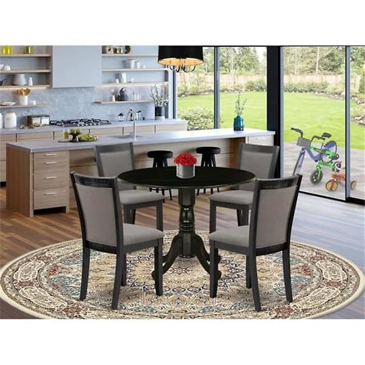 East West Furniture DLMZ5-AB6-50 5 Piece Dining Room Furniture Set Includes a Round Dining Table with Dropleaf and 4 Dark Gotham Grey Linen Fabric Parson Chairs, 42x42 Inch, Wirebrushed Black