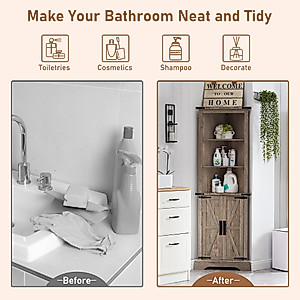 OKD Tall Corner Cabinet, Farmhouse Storage Cabinet with Barn Door Design & Adjustable Shelves, Home Space Saver for Bathroom, Living Room, Light Rustic Oak