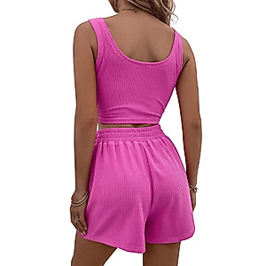 Verdusa Women's 2 Piece Ribbed Crop Tank Top and Shorts Tracksuit Set Hot Pink S