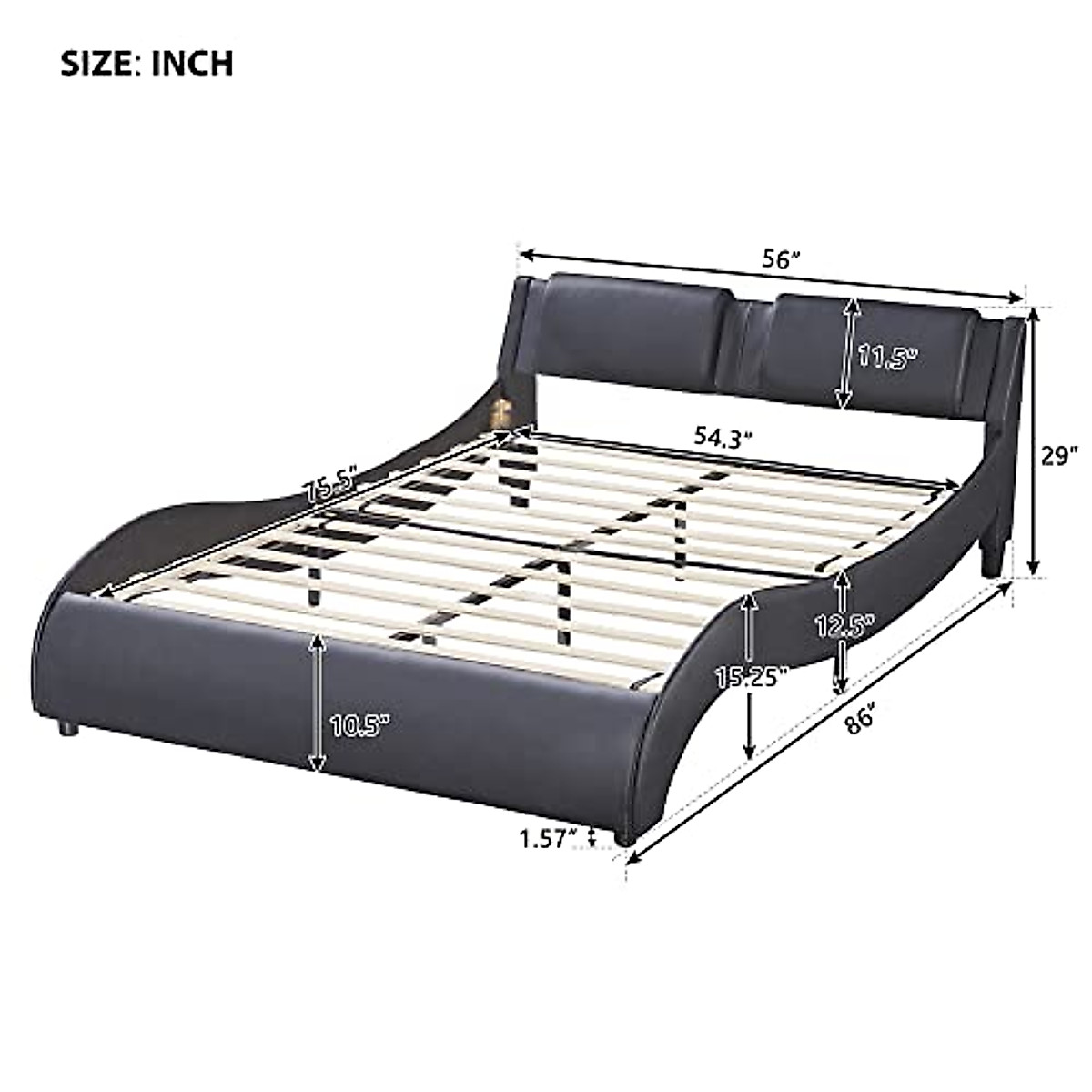 BIADNBZ Full Size Wavy Platform Bed with Adjustable LED Light, Modern Upholstered Faux Leather Bedframe for Kids w/Wooden Slats Support, No Box Spring Needed, Easy Assembly, Black