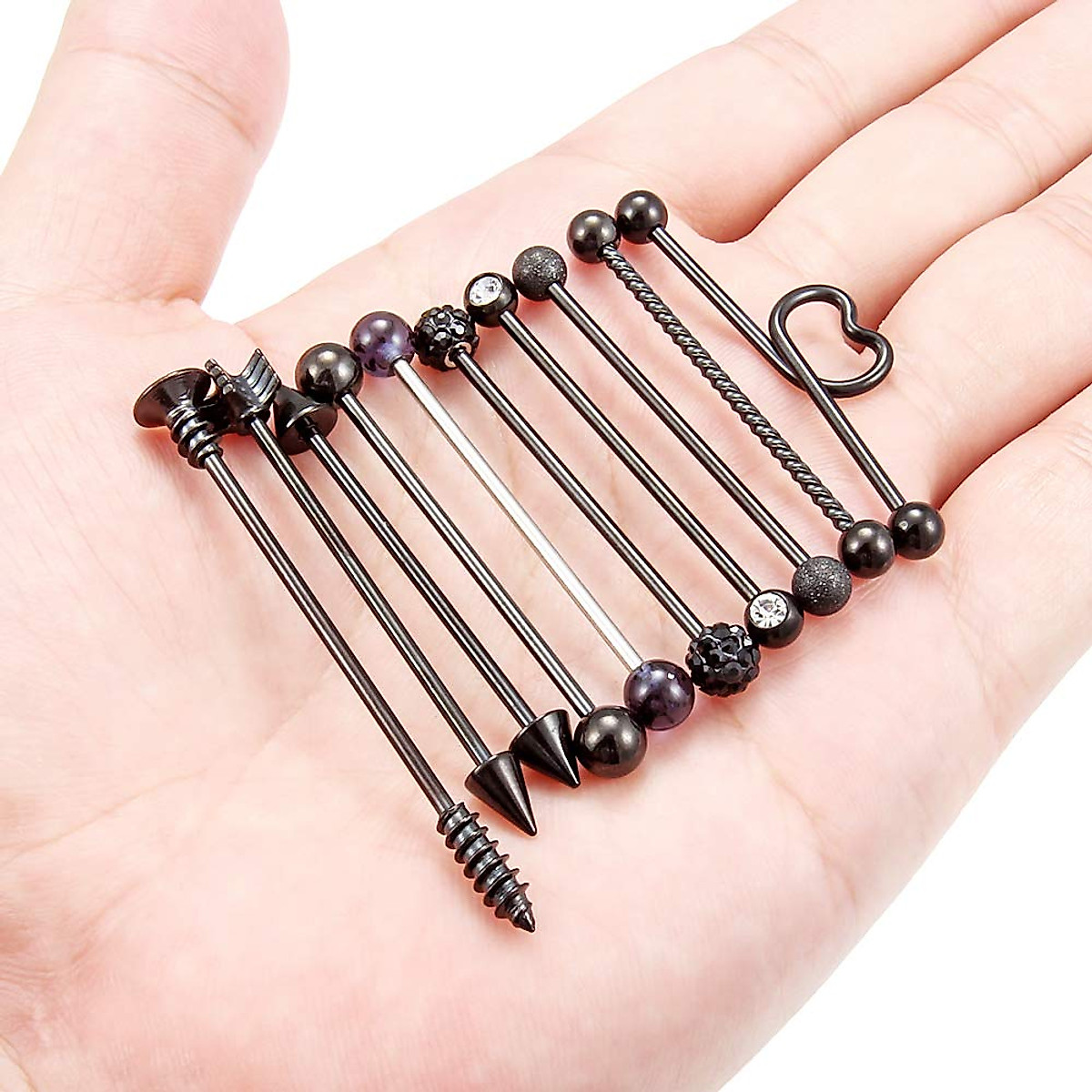 Dyknasz Industrial Bar 14G 10PCS Surgical Steel Industrial Barbell Earrings for Women Men Cartilage Helix Piercing Body Jewelry 1 1/2 Inch Clear CZ Spike Screw Heart Braided Arrow Black