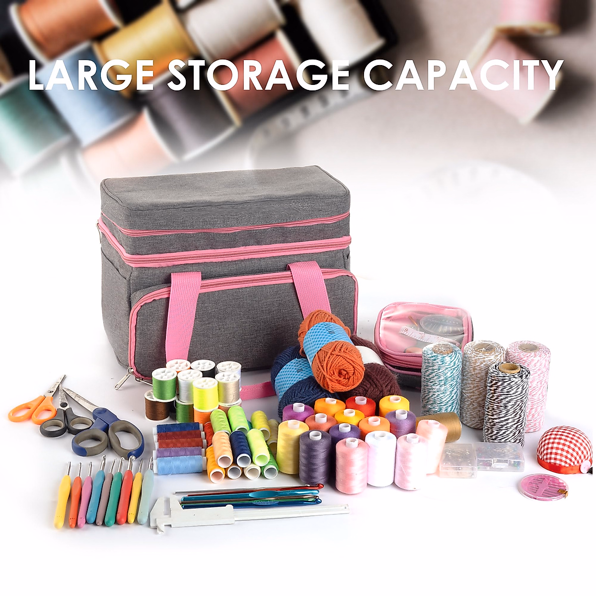 CraftGenes Sewing Storage Organizer, 3 Layers Large Sewing Storage Bag for Sewing Supplies with 2 Detachable Pouches, Sewing Box for Spool Thread, Sewing Tool(Bag Only)