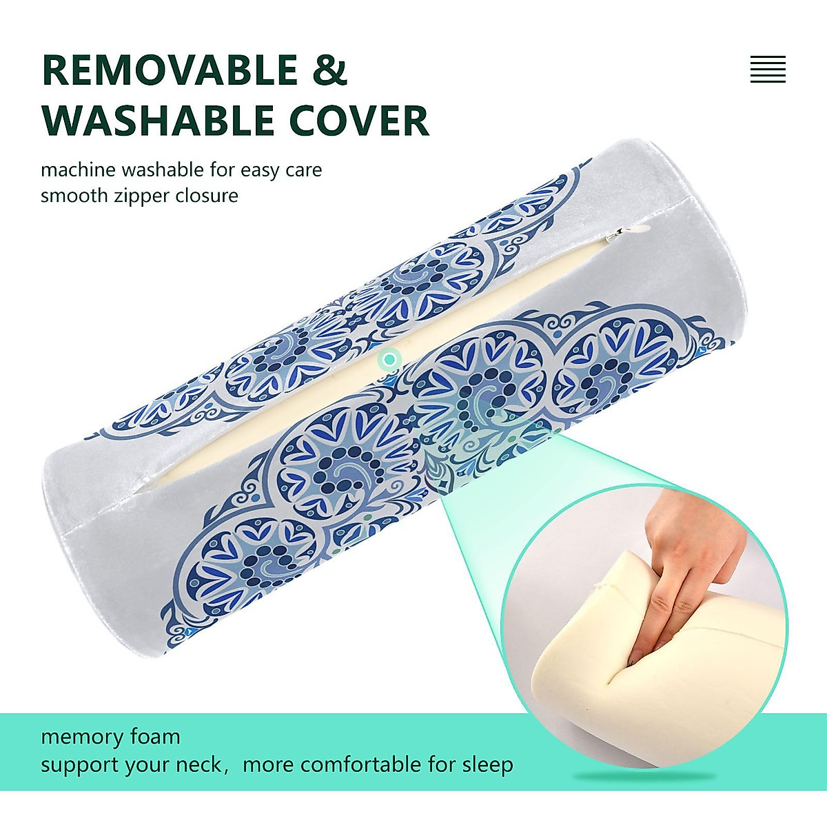 xigua Blue Decorative Floral Neck Roll Pillow for Neck Relief with Removable Washable Cover - Memory Foam Round Cylinder Bolster, Ergonomically Designed for Head, Neck, Back, and Legs