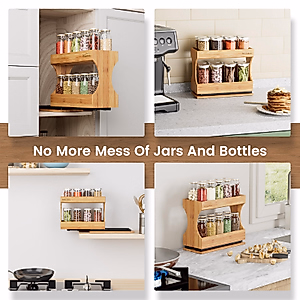 Teamkio Bamboo Spice Rack Organizer for Cabinet, 2-Tier Pull Out Spice Rack, Tool-Free Install Slide Out Vertical Seasoning Spice Organizer for Kitchen Cabinet（Bottles not included