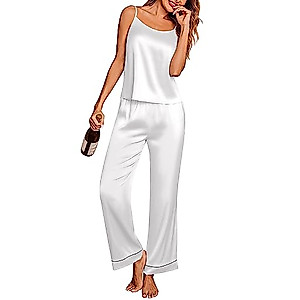 Ekouaer Satin Pajama Set Women Silk Smooth Pjs Sets Comfortable Lingerie Sleepwear Set(Pure White,L)