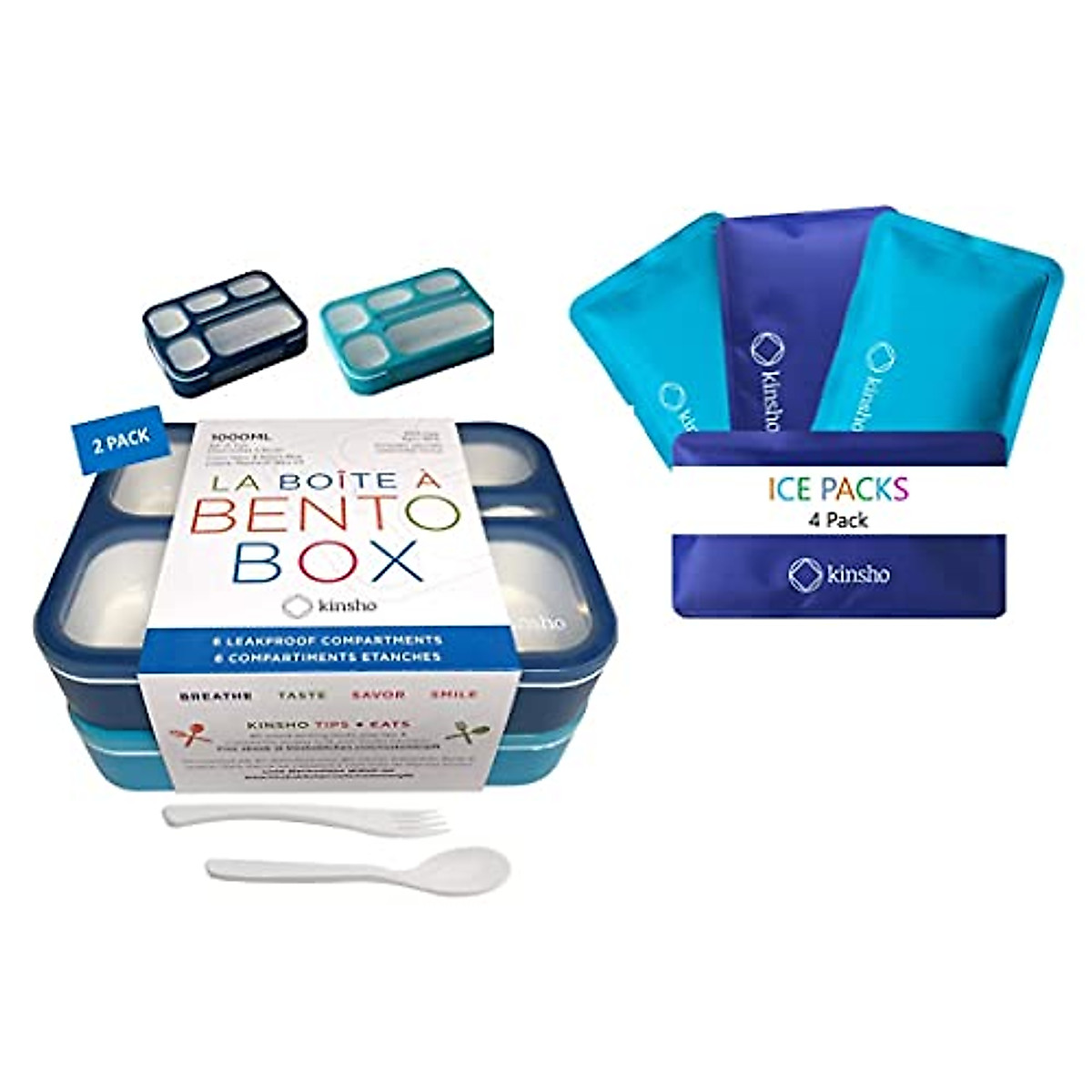 kinsho Bento Box Lunch Boxes and Matching Ice Packs (Blue)