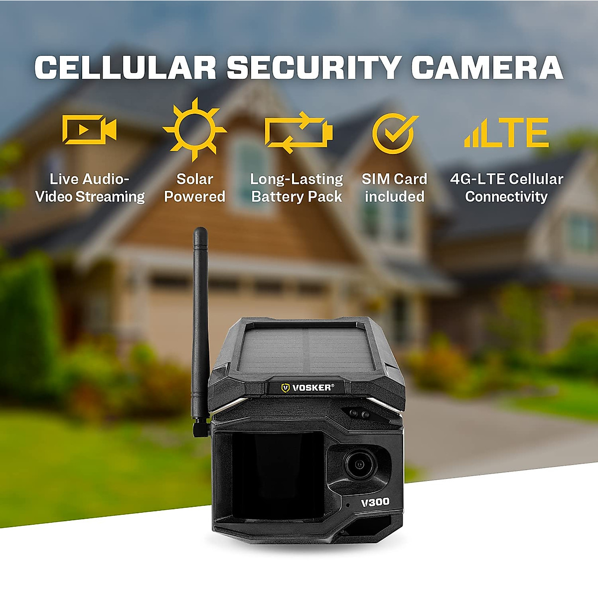 Vosker V300 | Live View Outdoor Security Camera | Solar Powered 4G-LTE Cellular Network Enabled | No Wi-Fi Needed | Receive Live Streaming Security Video Virtually Anywhere | SIM Card Included