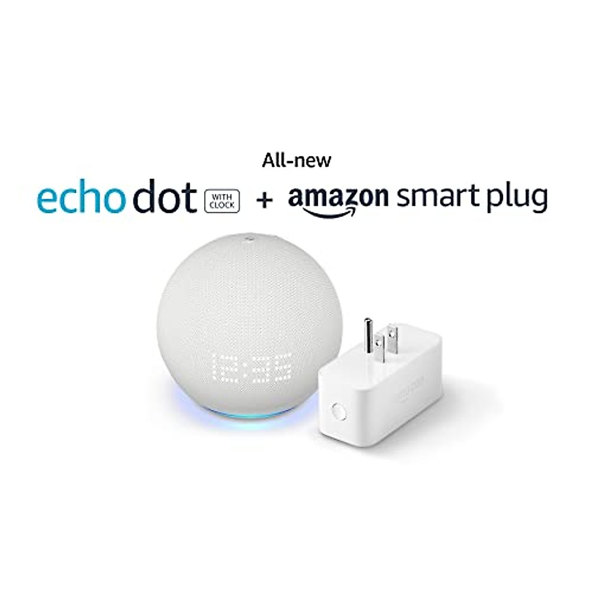 All-New Echo Dot (5th Gen, 2022 release) with clock with Amazon Smart Plug | Glacier White