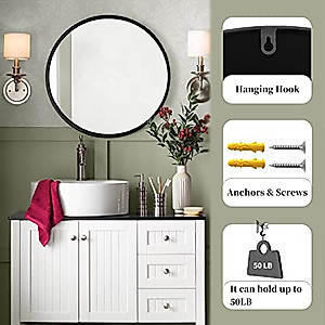 G-LEAF Black Round Mirror 24 inch, Circle Mirror for Bathroom, Entryway, Vanity, Living Room, Round Bathroom Mirror for Wall