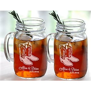 Set of 2 Cowboy Boot Wedding Personalized Mugs Mason Jar Glasses Wedding Party Country Western Barn Wedding Bridesmaid Groomsmen Gifts Favors