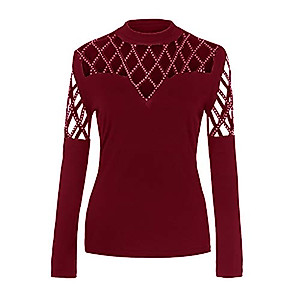 Wulofs Women's Long Sleeves Slim Fit T-Shirt See-Through Mesh Tops Casual Blouse Hollow Tunics Wine