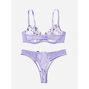 WDIRARA Women's Floral Embroidery Underwire 2 Piece Lingerie Set Mesh Bra and Panty Set Purple M