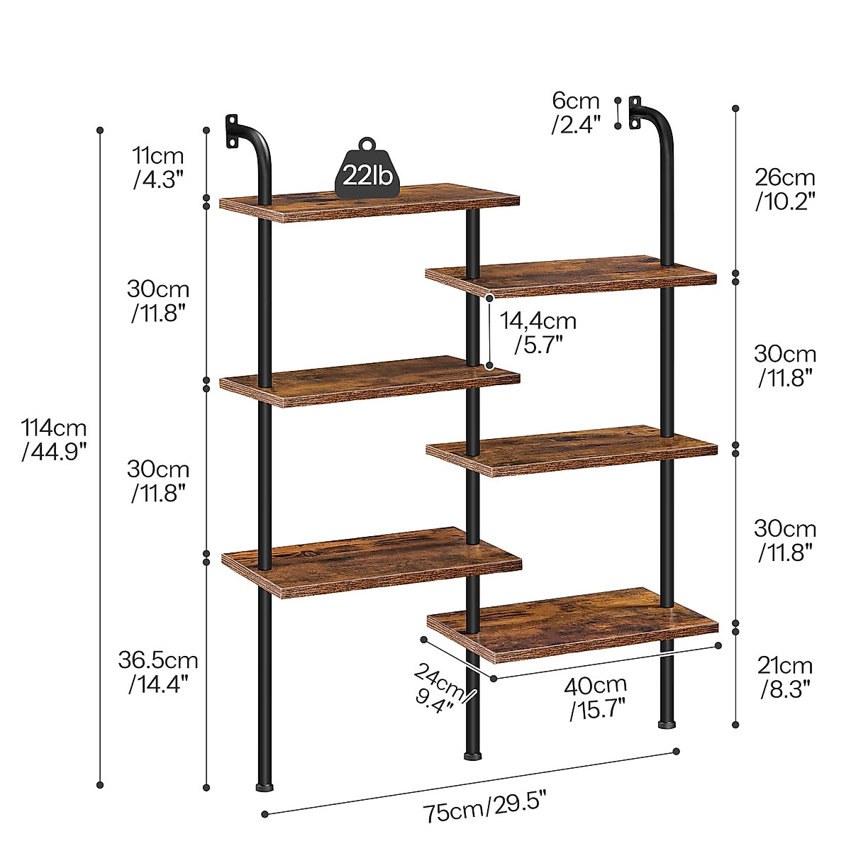 HOOBRO L-Shaped Ladder Shelf, 6-Tier Corner Bookshelf, Corner Wall Mount Bookcase, Display Shelf for Small Spaces, Anti-Tip Design, for Living Room, Balcony, Study, Rustic Brown and Black BF76CJ01