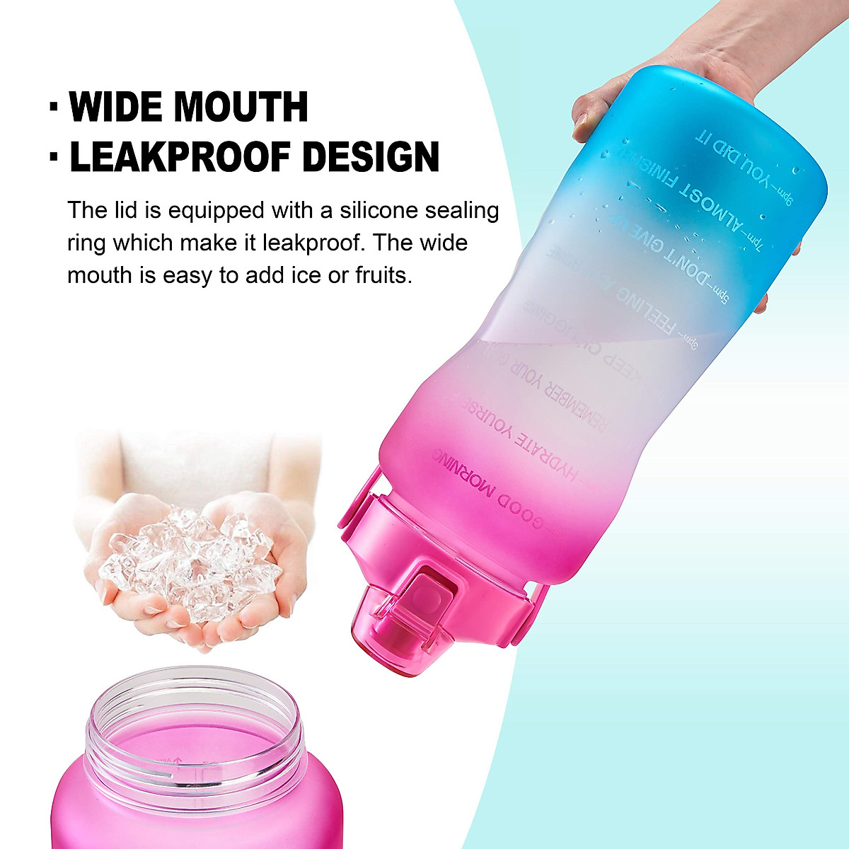 EYQ 64oz Leakproof Free Drinking Water Bottle with Motivational Time Marker BPA Free for Fitness, Gym and Outdoor Sports (Pink/Green Gradient)