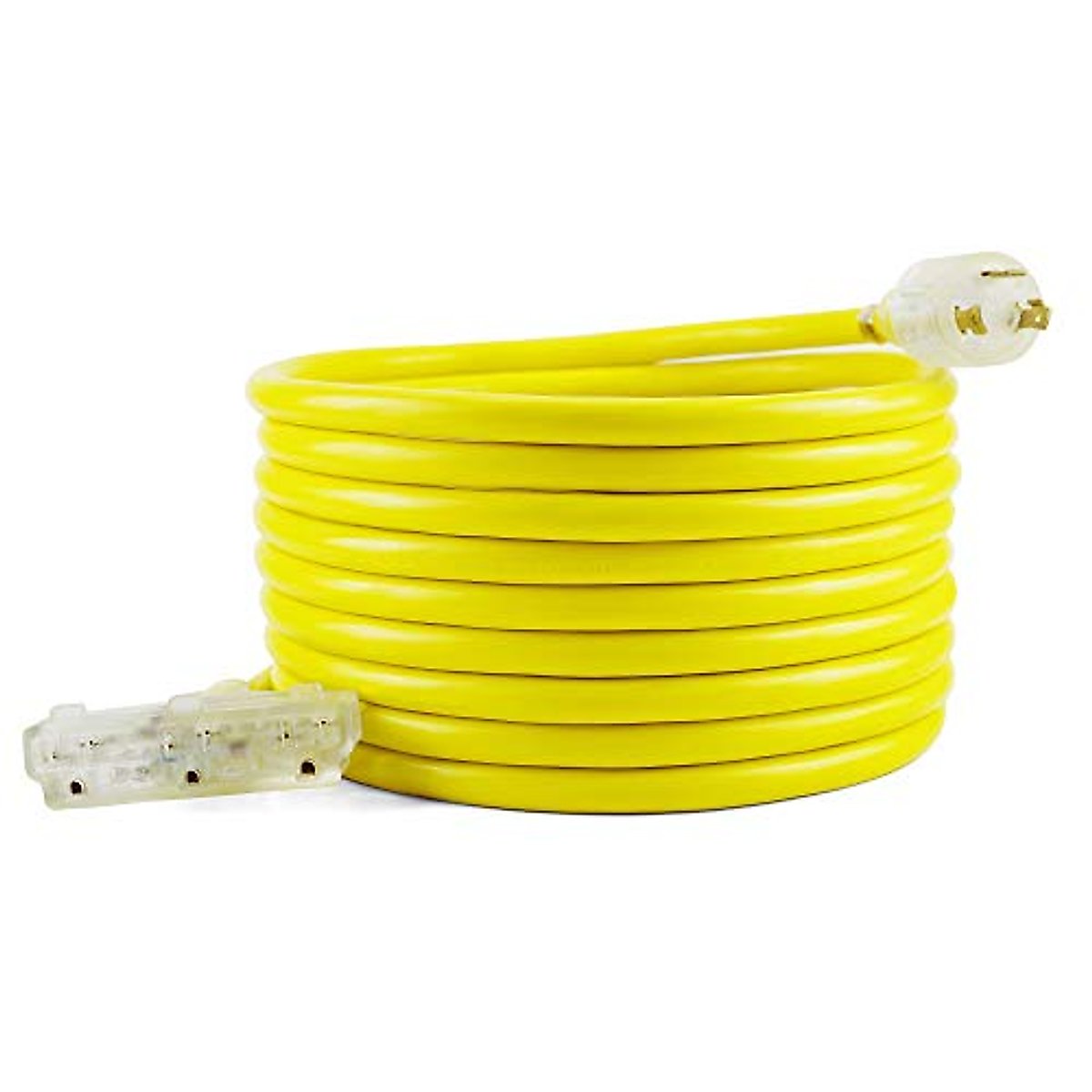 ACKING 25ft Power Equipment Nema L5-30P to Three 5-15R Generator Extension Cord ，3 Prong 10 Gauge Flexible Generator Cable ，30Amp 125Volt Weather Resistant Generator Power Outlet Cord up to 3750 Watts