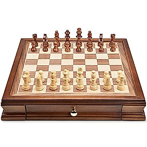 AMEROUS 12.8" x 12.8" Magnetic Wooden Chess Set with 2 Built-in Storage Drawers - 2 Bonus Extra Queens - Gift Packaging - Staunton Chess Pieces, Board Games Chess Sets for Adults and Kids