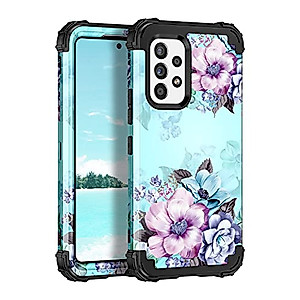 Casetego Compatible with Galaxy A53 5G Case,Floral Three Layer Heavy Duty Sturdy Shockproof Full Body Protective Cover Case for Samsung Galaxy A53 5G,Blue Flower