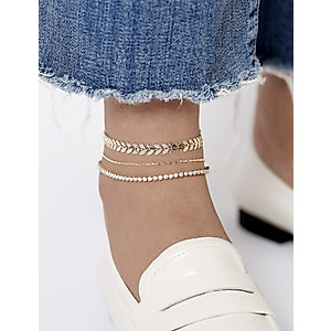 Tennis Gold Ankle Bracelets for Women 14k Gold Plated Anklet Gold Crystal Cubic Zirconia Rhinestone Anklet Leaf Handmade Chain Dainty Layered Anklet Set 3Pcs