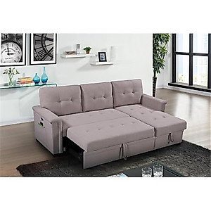 BOWERY HILL Light Gray Reversible Sleeper Sofa Storage Chaise USB Charging Port