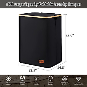 150L Large Laundry Hamper with Lid - Tall Laundry Basket with Removable Bag, Bamboo Handles, Collapsible, Sturdy, Hamper for Bedroom, Bathroom, Dorm, Laundry Room, Black