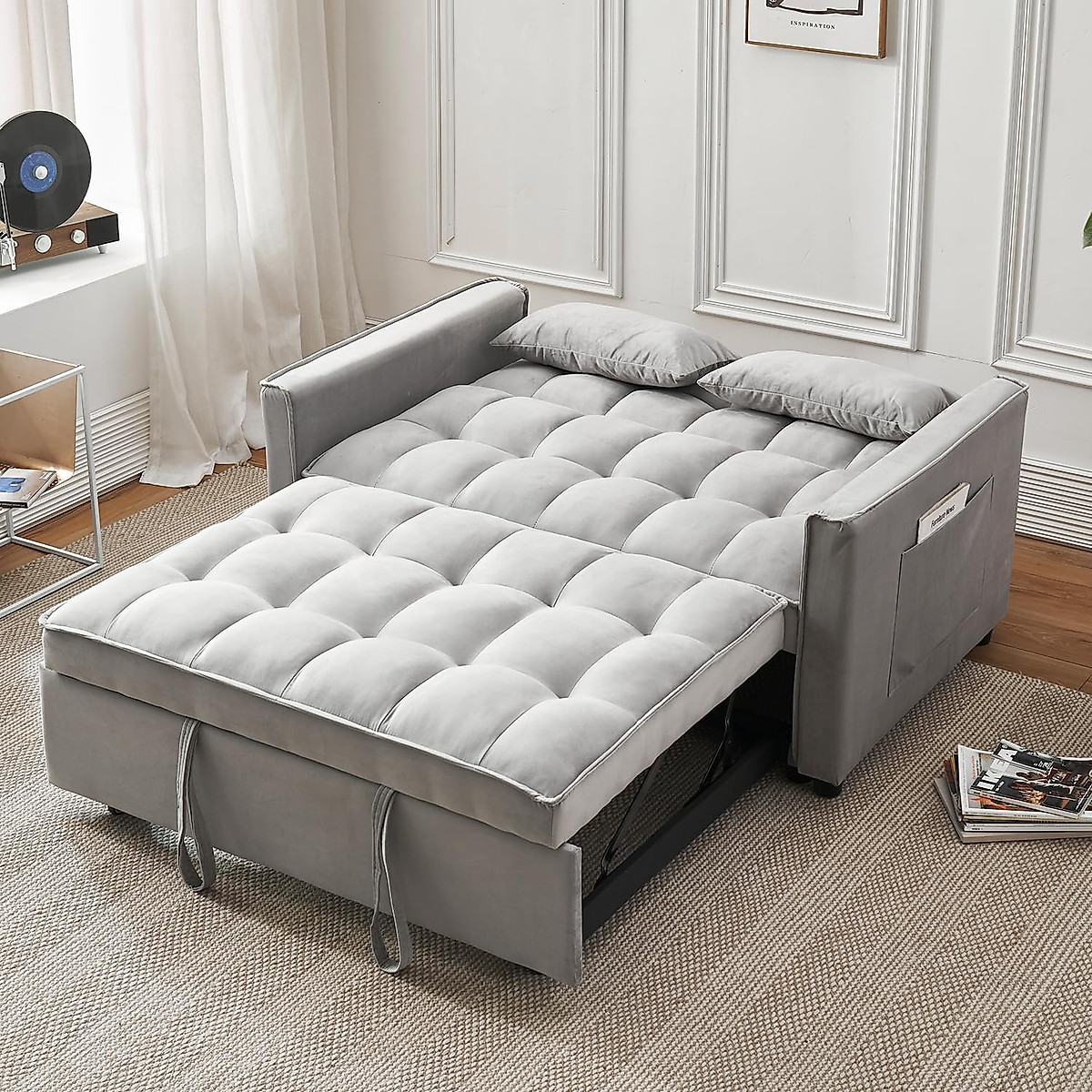 FENFSHE Futon Sofa Bed, Modern Velvet 3 in 1 Convertible Sleeper Sofa Couch Bed, Pullout Couch Bed with Adjustable Backrest, Storage Pockets and Toss Pillows for Living Room, Bedroom (Grey)