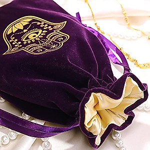 ARTSY CRAFTS 6x9" Hamsa Hand Purple Velvet Jewelry Pouch Gift Bags, Fatima Hand Evil Eye Velvet Drawstring Bags, Tarot Rune bag, Dice Bag, Travel Bags (Eggplant Purple)