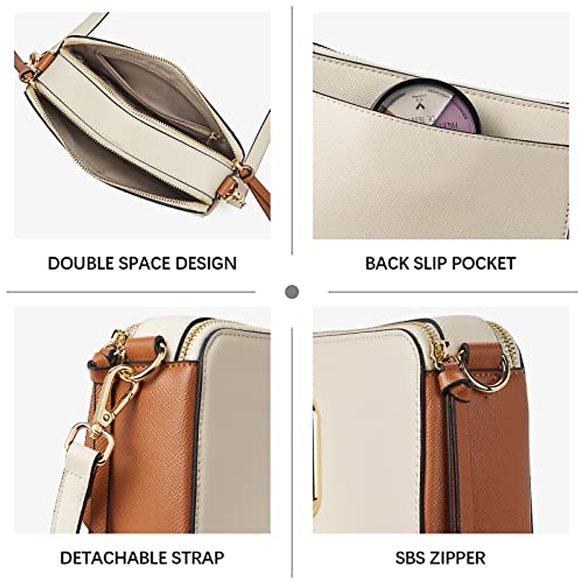 BOSTANTEN Crossbody Bags for Women Leather Snapshot Phone Purses Shoulder Handbags with 2 Adjustable Wide Strap Beige White