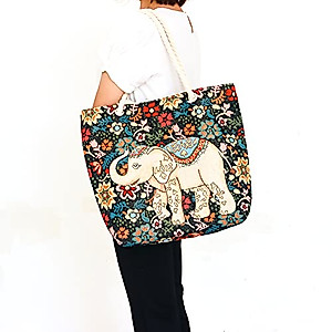 HODAKJUE Canvas Tote Bag for Women Girls, Floral Elephant Pattern Grocery Bag Shopping Bag With Inner Pocket For Travel Work Beach