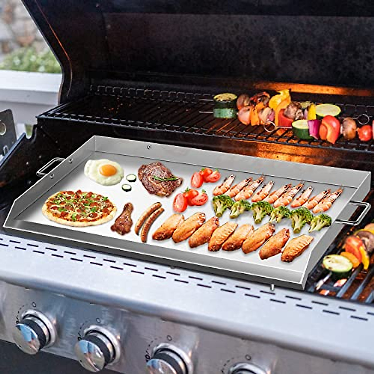 VEVOR Stainless Steel Griddle,32" X 17" Universal Flat Top Rectangular Plate, BBQ Charcoal/Gas Grill with 2 Handles and Grease Groove with Hole，Grills for Camping, Tailgating and Parties