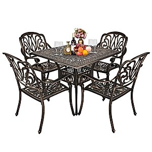VINGLI 5 Pieces Outdoor Patio Dining Set, Cast Aluminium Patio Furniture Set with 4 Chairs and 1 Umbrella Table for Yard, Garden, Porch and Poolside, Bronze (Square Table and Chairs)