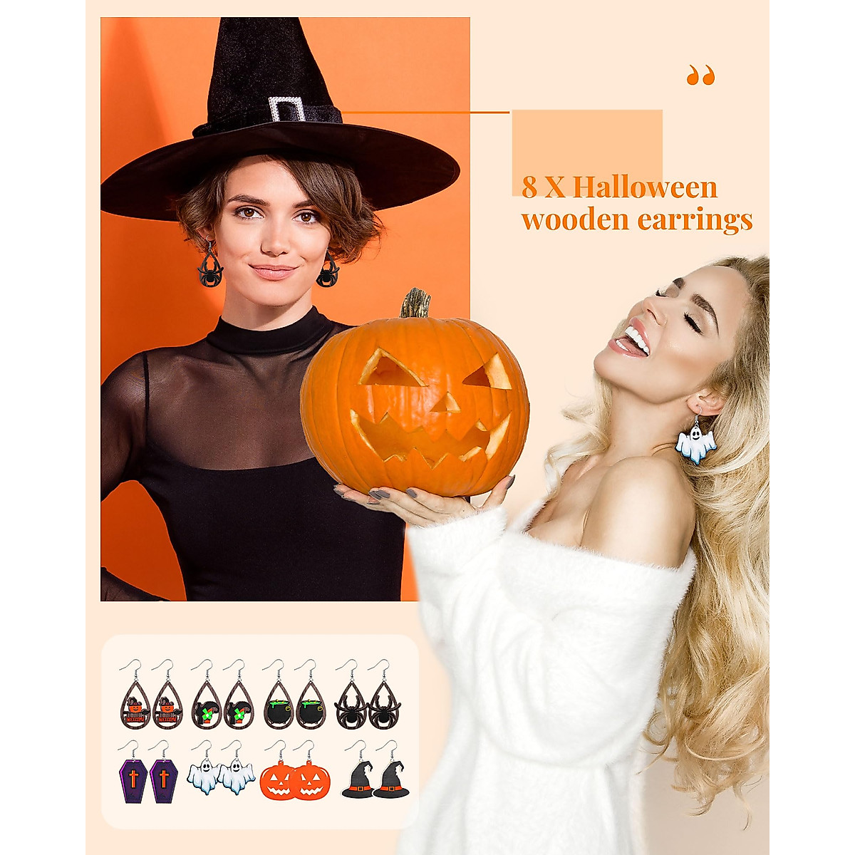 Tigeen 24 Pairs Festival Wood Cute Painted Holiday Wooden Teardrop Dangle for Gift(Pumpkin, Snowman)