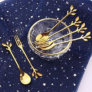 12pcs Stainless Steel Gold Leaf Coffee Spoon and Cake Fruit Forks Kitchen Accessory Wedding Party for Dessert, Salad, Appetizer, Spoon and Fork Set(6 Forks + 6 Spoons) (Gold)