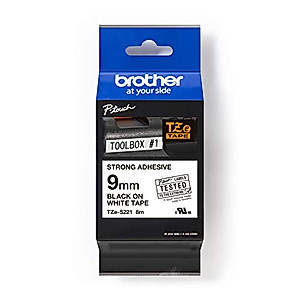 Brother TZe-S221 Labelling Tape Cassette, Black on White, 9mm (W) x 8M (L), Strong Adhesive, Brother Genuine Supplies