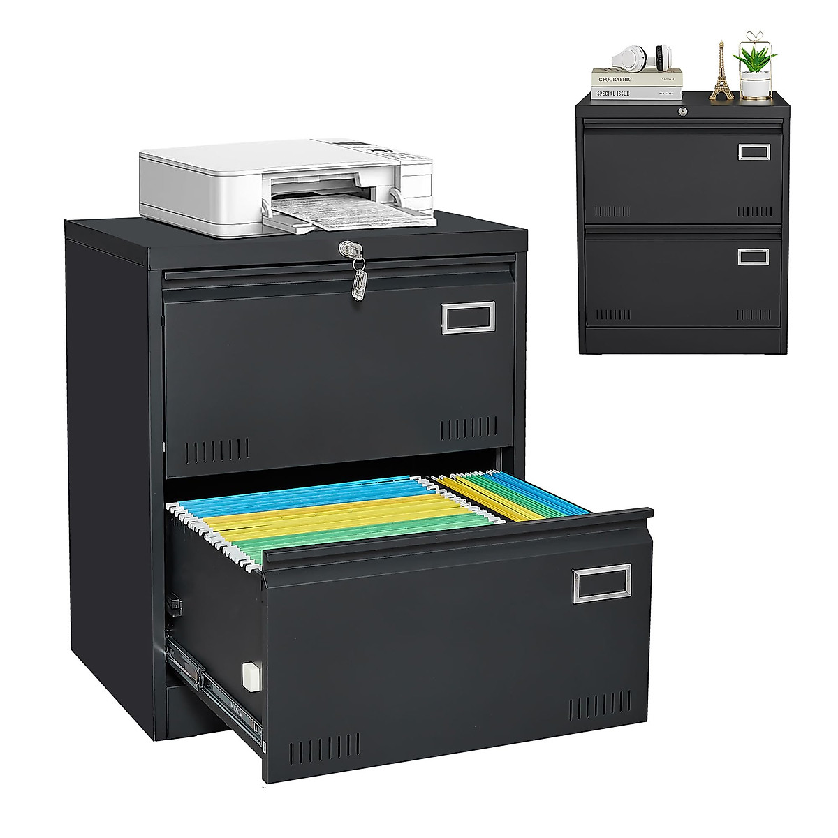 Nanberone Lateral File Cabinet, 2 Drawer Metal Lateral Filing Cabinet Hanging File with Lock for for Legal/Letter/F4 Size, Large Printer Stand Lockable File Cabinets for Home Office School, Black