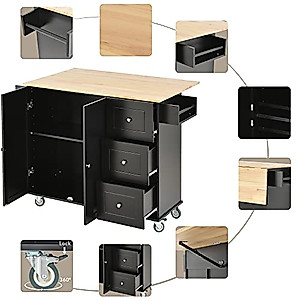 MACHOME Rolling Mobile Kitchen Island Cart with Storage on Locking Wheels, Kitchen Cart w/Solid Wood Top and Breakfast Bar, Kitchen Storage Cabinet w/ 3 Drawers, 52.76" L x 29.50" W x 36.8" H,-Black