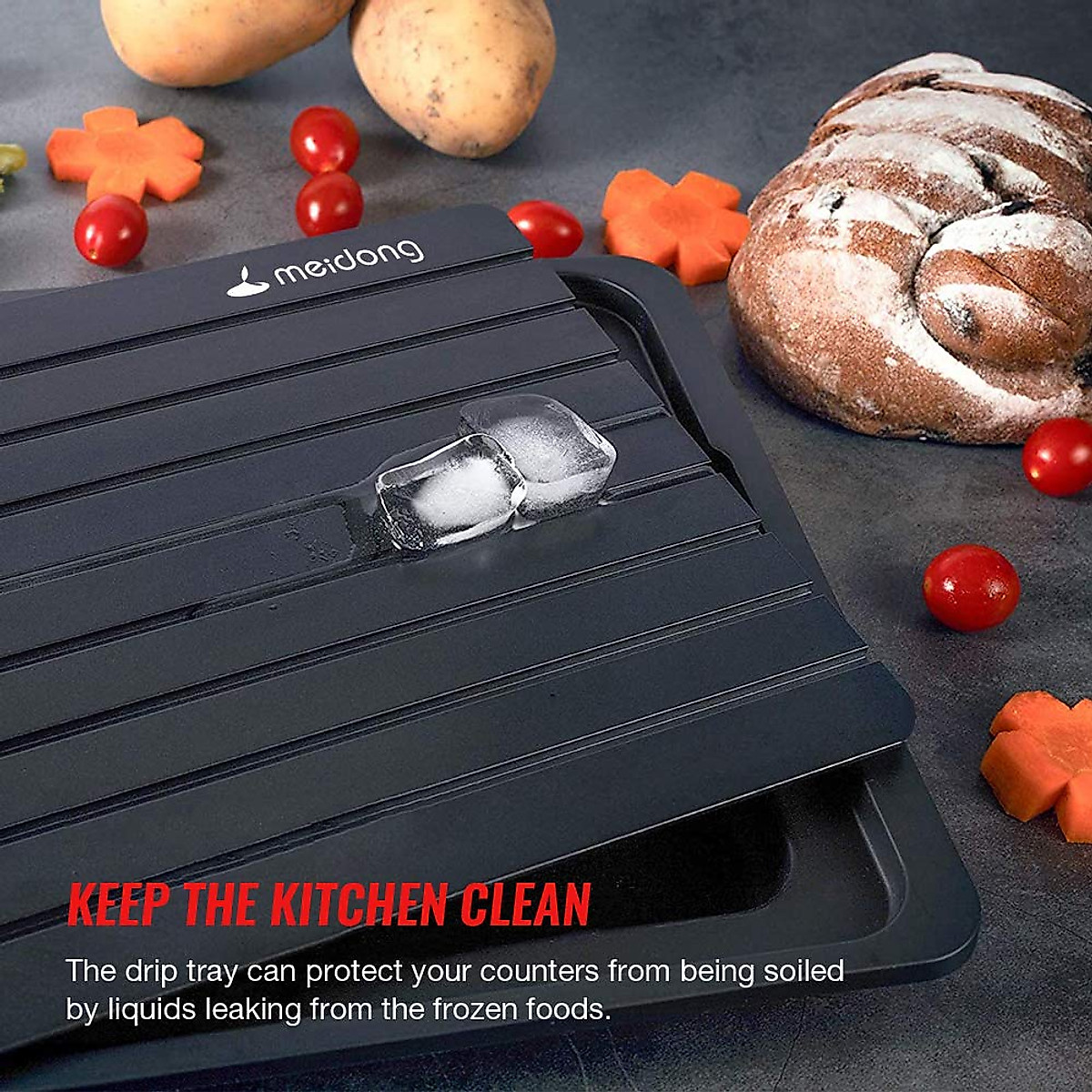 MEIDUNG Rectangular Silicone Defrosting Tray with Drip Plate, Tongs and Sponge for Fast and Safe Thawing of Frozen Foods