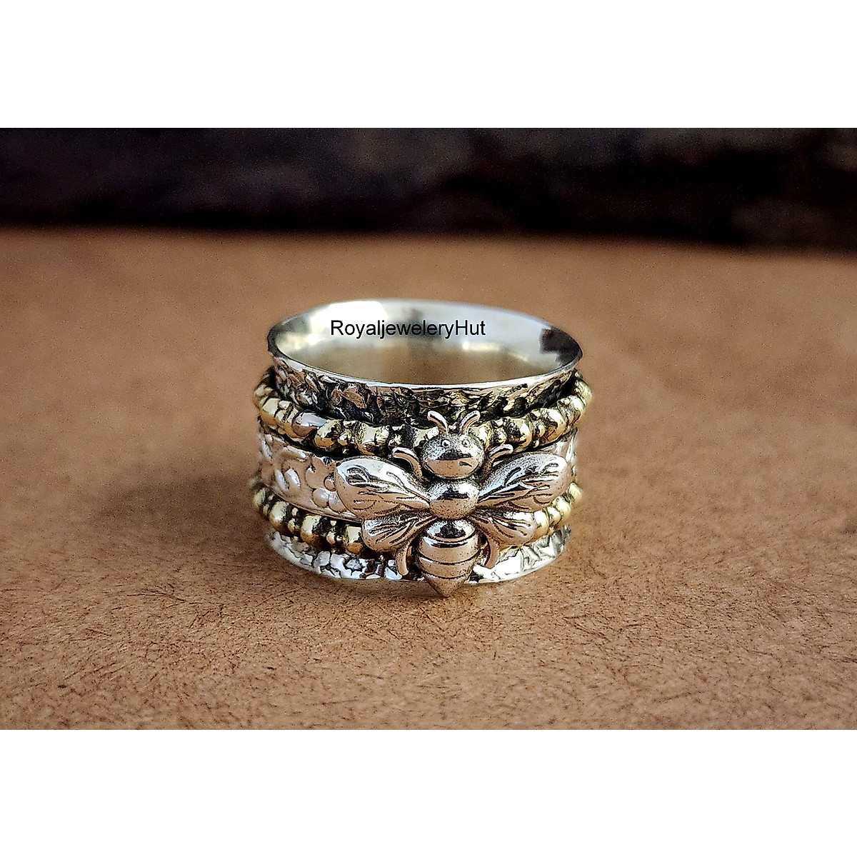 Silver Honey Bee Spinner Ring, 925 Solid Sterling Silver Ring, Three Band Fidget Ring, Anxiety Relief Ring, Boho Spin Ring, Women Ring, Men Ring (9.5)