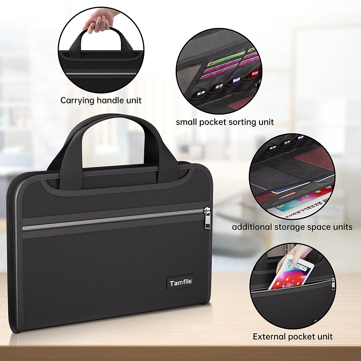 Tamfile Fireproof Accordion File Organizer with Handle, 13 Pocket Transparent Expanding File Folder with Zipper & Labels, File Folder with Multi-Pockets Paper Organizer Folder for Letter A4 Files
