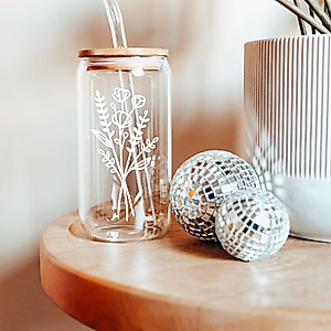 Cute Glass Cups with Lids and Straws, Aesthetic Iced Coffee Cup, Flower Mugs, Personalized Tumbler with Straw, Birthday Gifts for Women Friend Sister Her Coffee Lover Bridesmaid Stuff Christmas