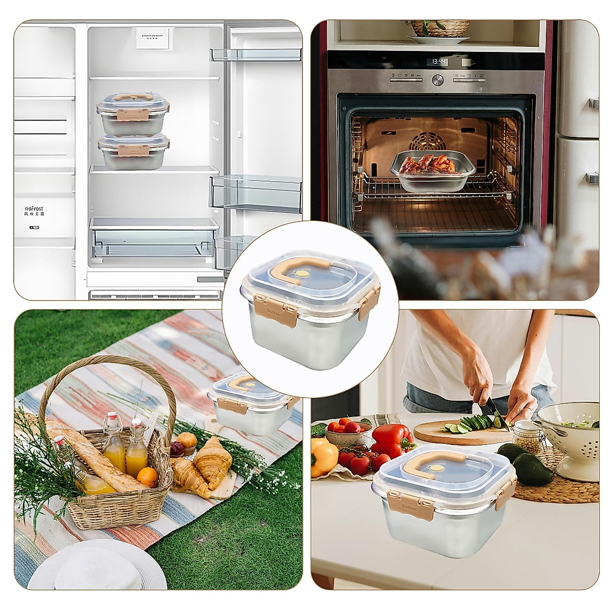 Stainless Steel Food Storage with Leak Proof Silicone Lid Fridge Fruit Storage Container Organizer Meat Kitchen Storage Containers Cheese Keeper, Dishwasher Safe Two 2Pcs