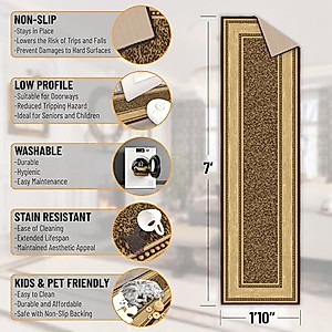 Ottomanson Ottohome Non-Slip Rubberback Bordered Design 2x7 Indoor Runner Rug, 1'10" x 7', Brown