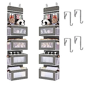 2 Pack Behind The Door Storage Organizer with 5-Shelf, Wall Mount Clear Windows, & 4 Metal Hooks for Pantry, Nursery, Bedroom, Bathroom, Kitchen, Closet, Dorm (Grey), 49.2'' (H)x12.2'' (W)x5.5'' (D)