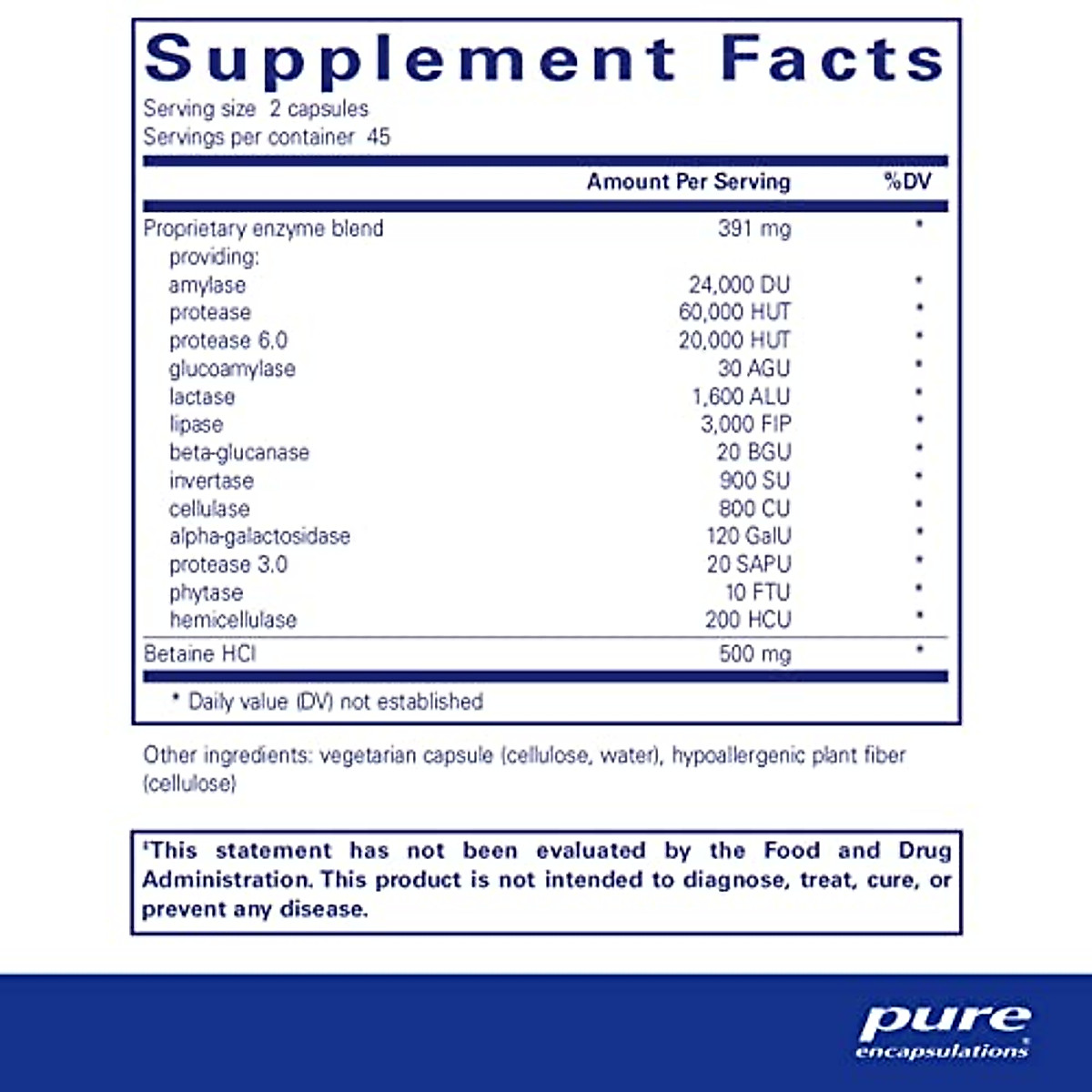 Pure Encapsulations Digestive Enzymes Ultra with Betaine HCl | Vegetarian Digestive Enzymes to Support Protein, Carbohydrate, Fiber, and Dairy Digestion* | 90 Capsules