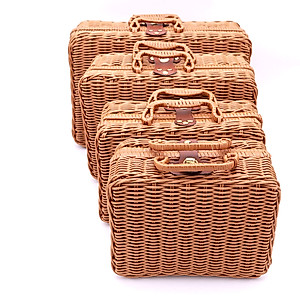 MSUIINT Rattan Storage Basket, Retro Wicker Suitcase, Willow Handwoven Receiving Bins with Handles, Straw Seaweed Makeup Organizer, Vintage Crossbody Bags Container Womens Handbag, 13.8x9.4x4.7 inch