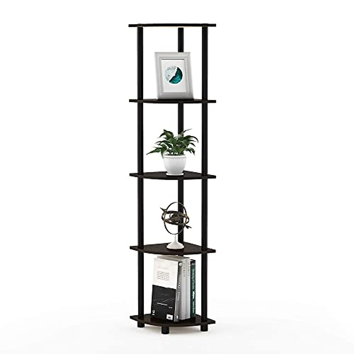 Furinno Turn-N-Tube 5 Tier Corner Display Rack Multipurpose Shelving Unit, 1-Pack, Dark Brown Grain/Black