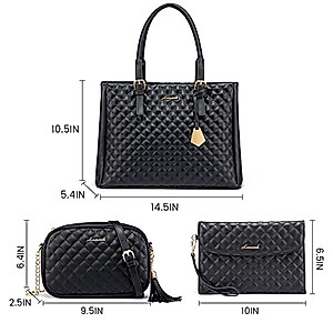 LOVEVOOK Purses for Women, Quilted Womens Handbags and Purses Set with Vegan Leather, Fashion Tote Purse with Top Handle, Satchel Shoulder Bag with Top Zipper, 3pcs, Black