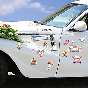 14 Pcs Just Married Ornate Car Magnets Just Married Refrigerator Protect Magnet Honeymoon Anniversary Wedding Bridal Fridge Magnet Stickers Decals Decorative for Anniversary Wedding Party